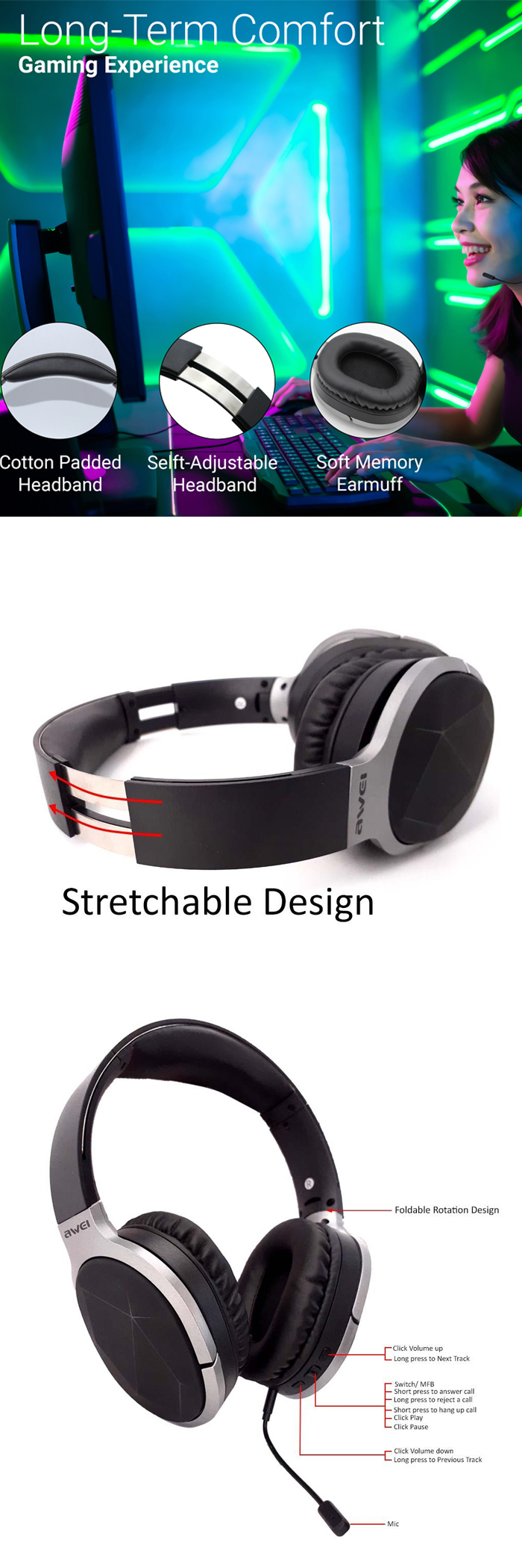 Awei A799BL Foldable Gaming Wireless Bluetooth Headphone With Gooseneck ...